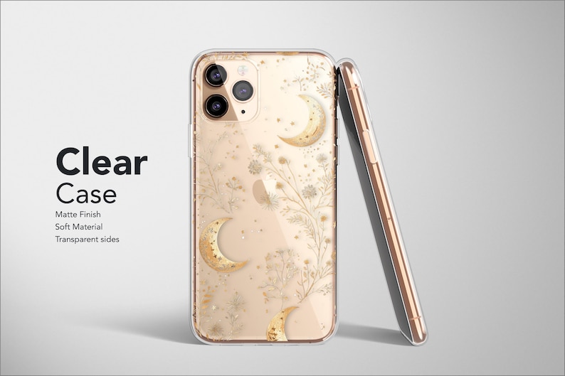 Clear Celestial Gold Moon Phone Case Stars Mystical Flower Cover for ...