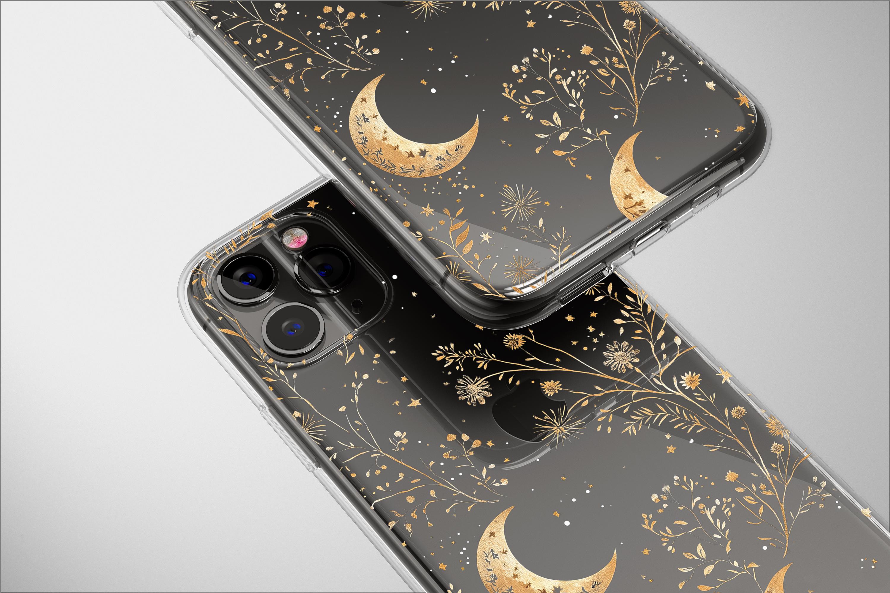 Clear Celestial Gold Moon Phone Case Stars Mystical Flower Cover for ...