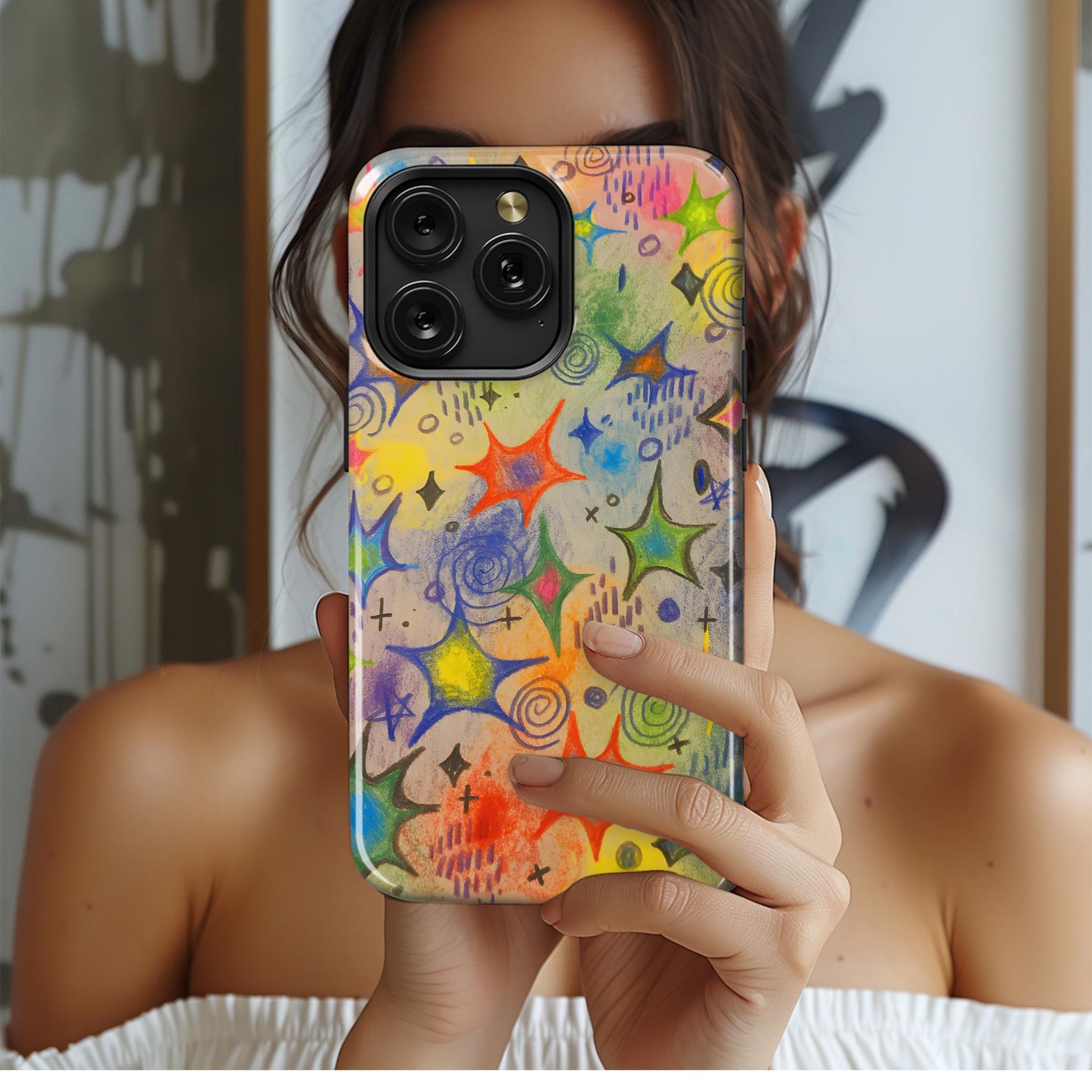 Colorful Sparkly Star Hand Drawn Phone Case for iPhone 16 Pro Max 15 ...