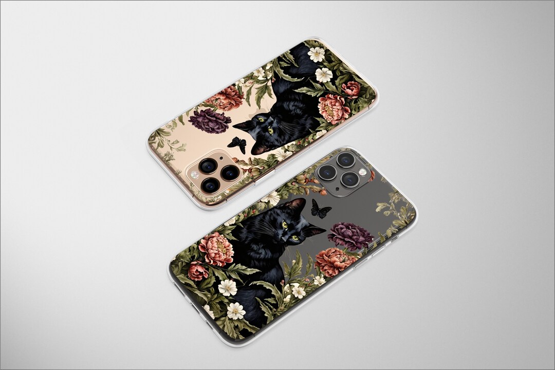 Clear Flower Black Cat Phone Case Cute Animal Cover for iPhone 16 Pro ...