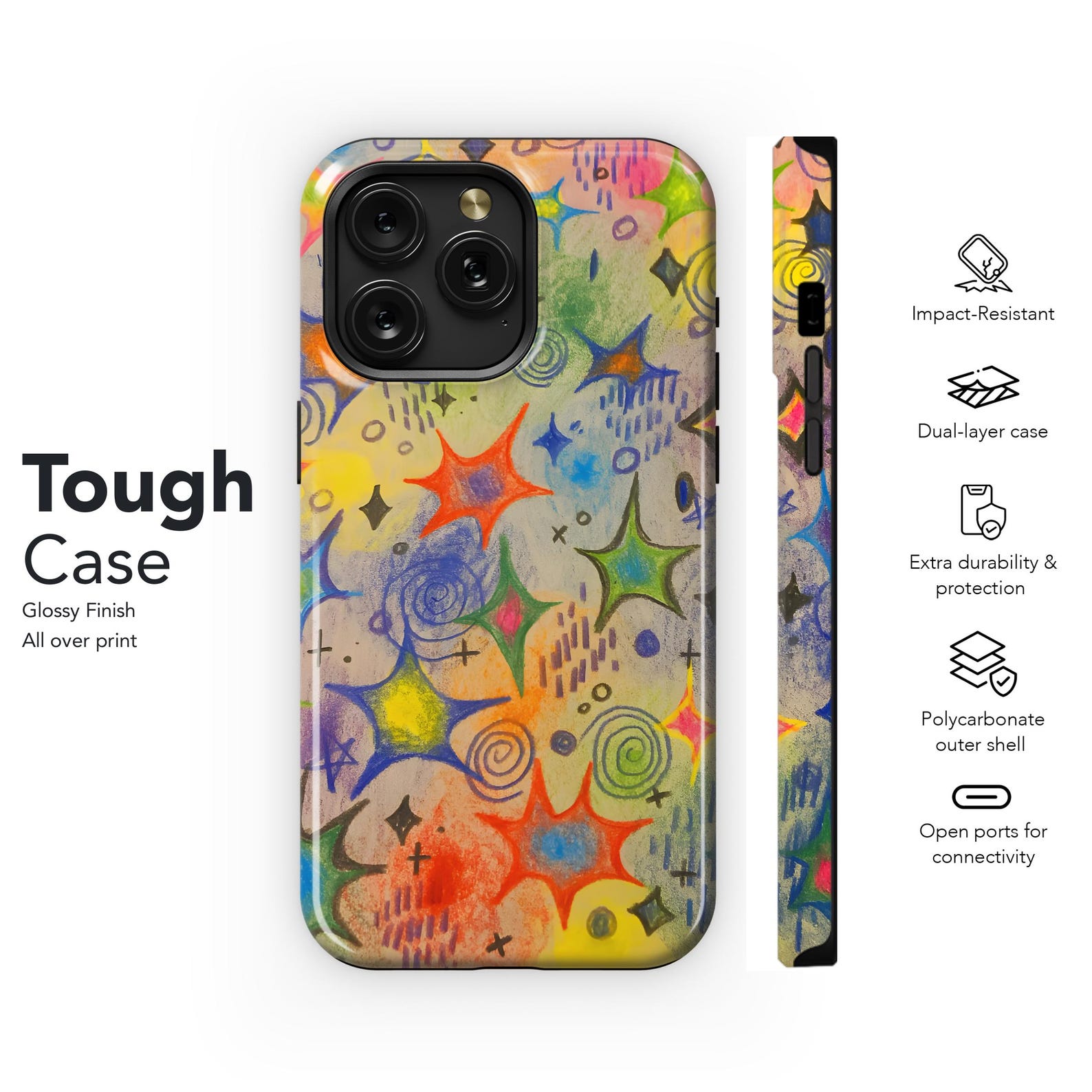 Colorful Sparkly Star Hand Drawn Phone Case for iPhone 17 Pro Max 16 ...