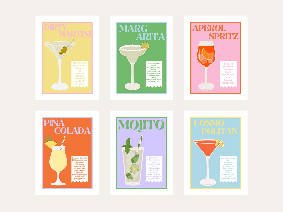 SET OF 6 Cocktail Drink Bar Posters-digital File - Etsy