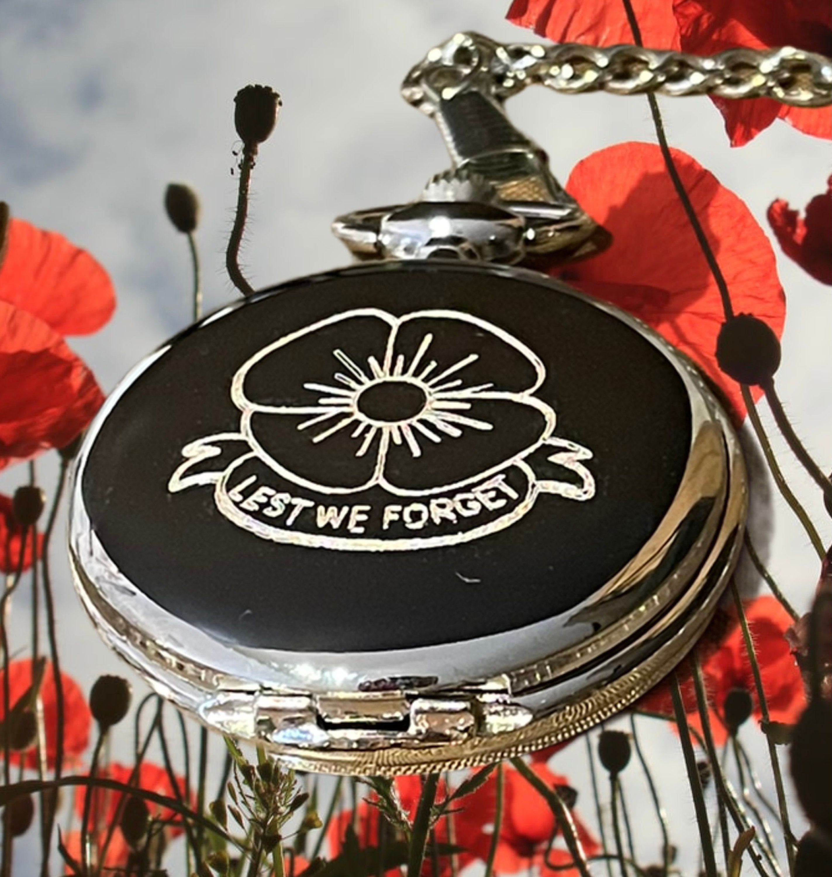 Engraved Poppy Pocket Watch: Lest We Forget, Silver Finish, Albert ...