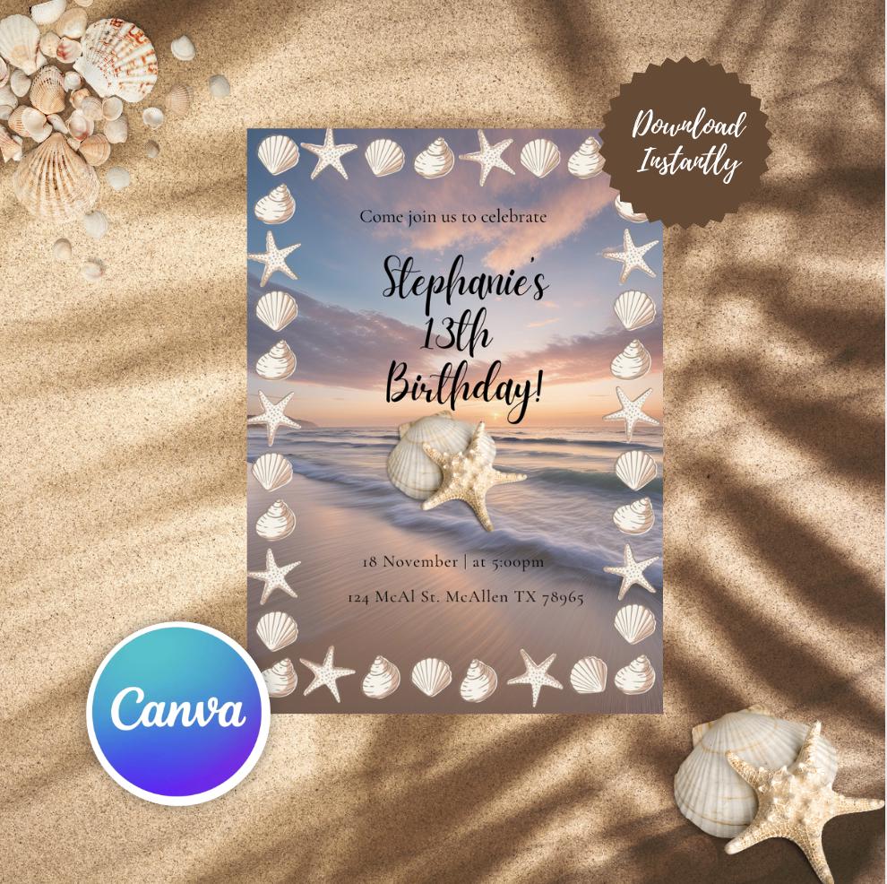 Shells Theme Birthday Editable Template Invitation - Etsy