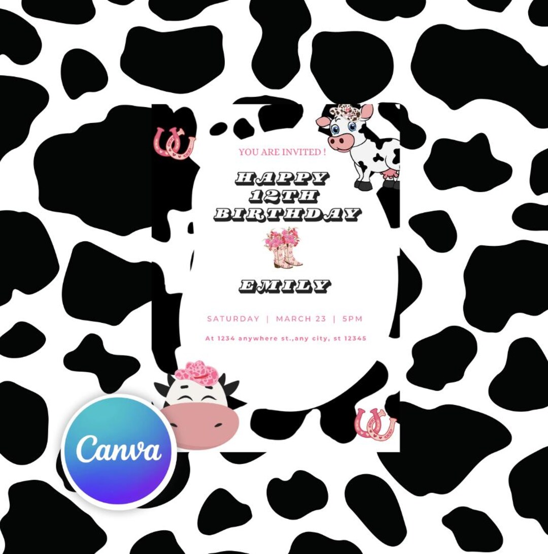 Cowprint Birthday Editable Template Invitation - Etsy