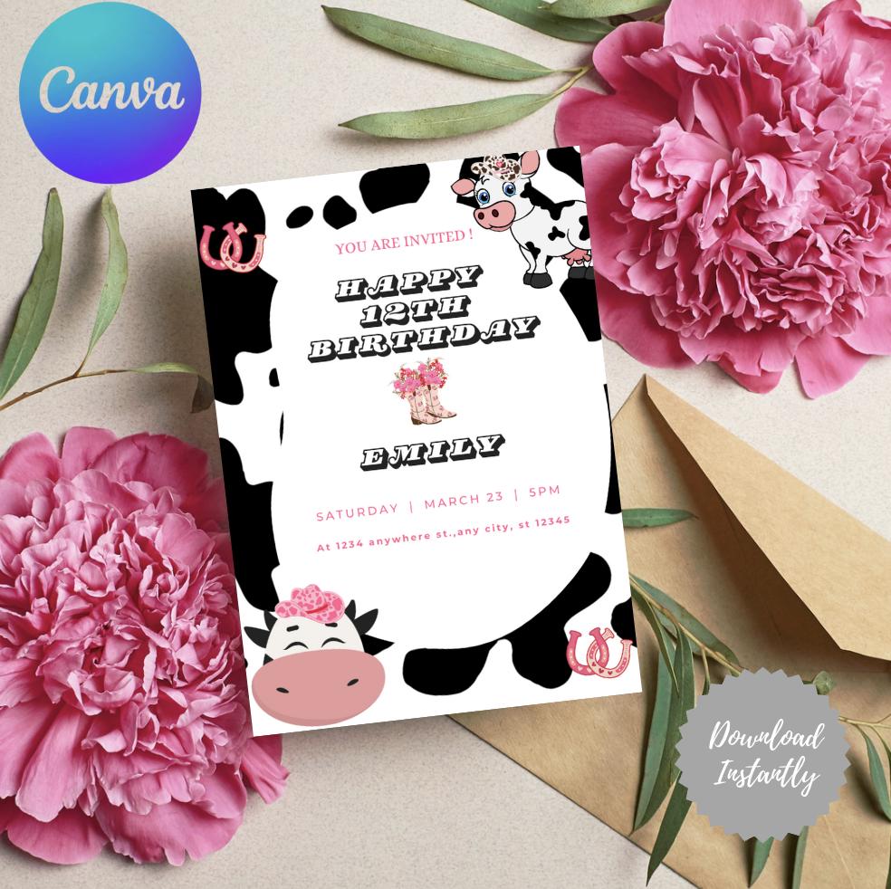 Cowprint Birthday Editable Template Invitation - Etsy