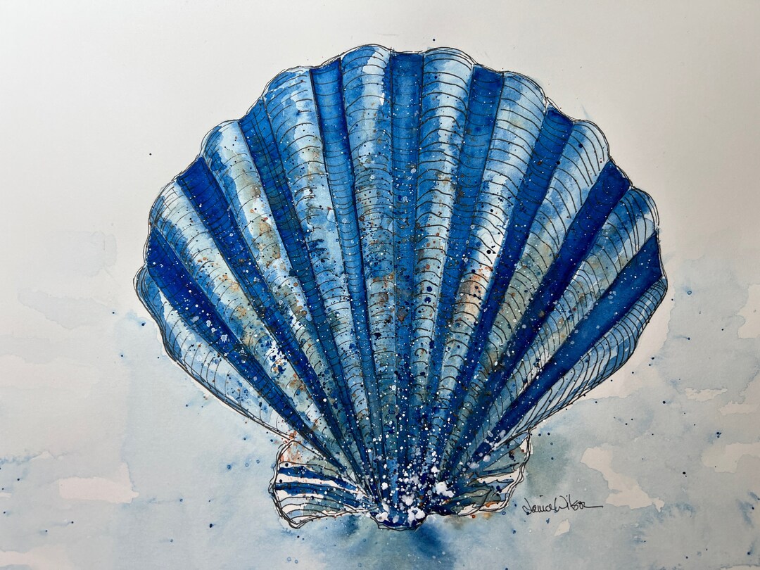 Blue Scallop Shell, Giclee Print of Original Watercolor Painting, Rare ...