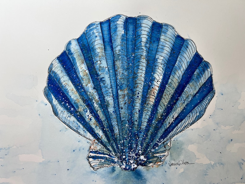 Blue Scallop Shell, Giclee Print of Original Watercolor Painting, Rare ...