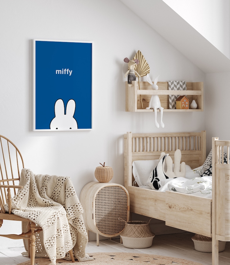 Miffy Poster, Cute Rabbit Wall Art, White Bunny Print, Blue Nursery Decor, Cute Little Girls ...