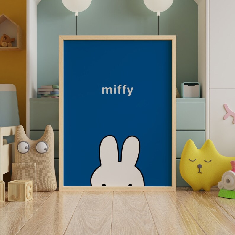 Miffy Poster, Cute Rabbit Wall Art, White Bunny Print, Blue Nursery Decor, Cute Little Girls ...