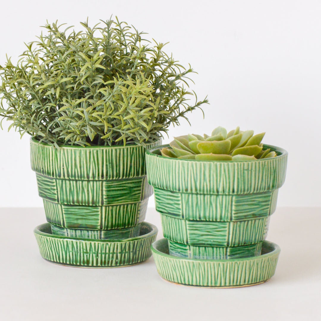 Mccoy Basketweave Plant Pot/planter With Attached Saucer Set - Etsy