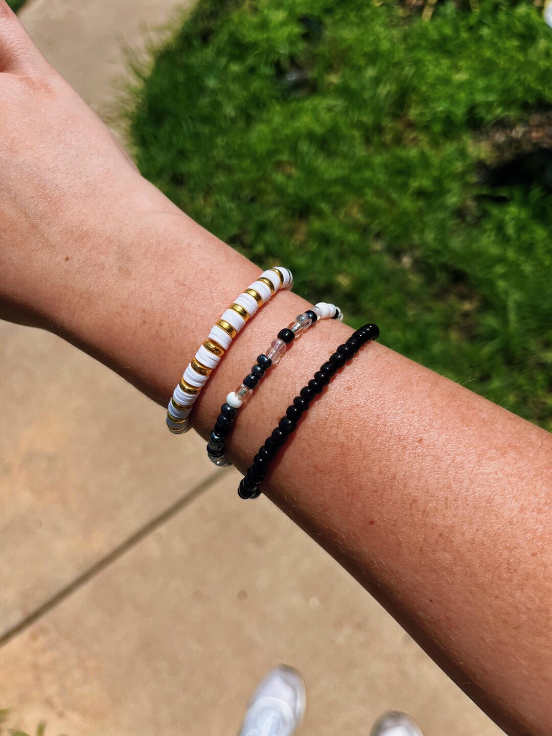 Summer Stack Bracelets, 3 Set of Sparkling Gold, Black, White, and ...