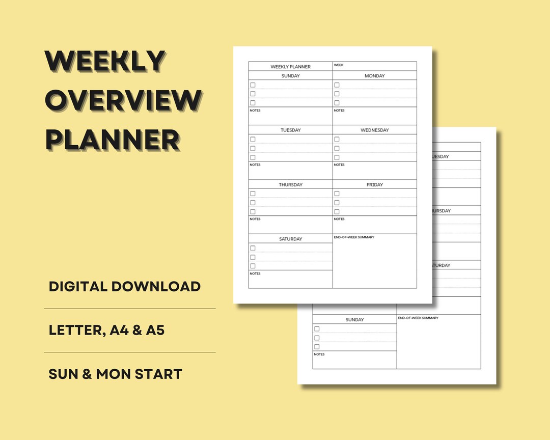Printable Weekly Overview Planner, Weekly Planner PDF, Undated Week ...