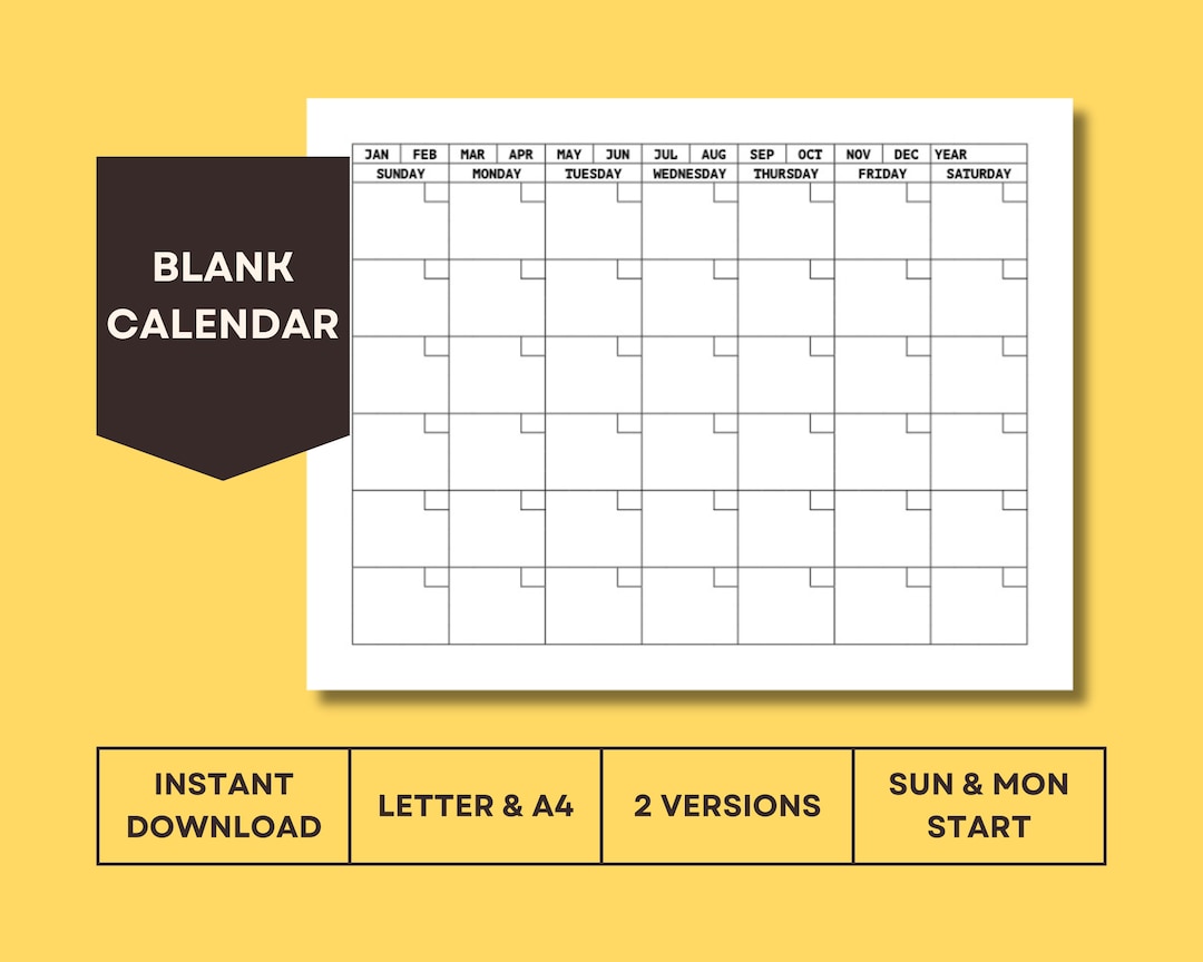 Printable Blank Calendar Undated Monthly Planner Printable - Etsy