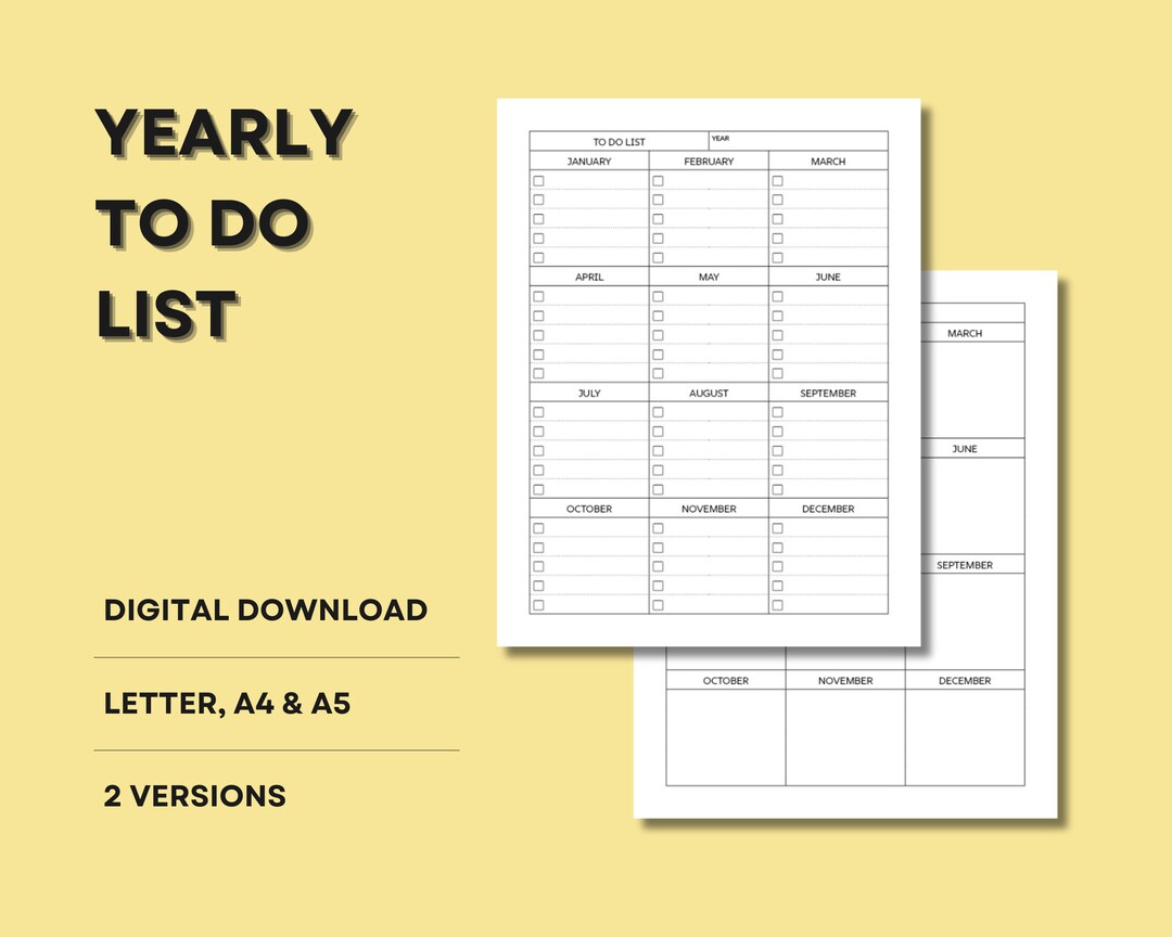 Printable Yearly to Do List, Annual to Do List, Yearly Task List ...