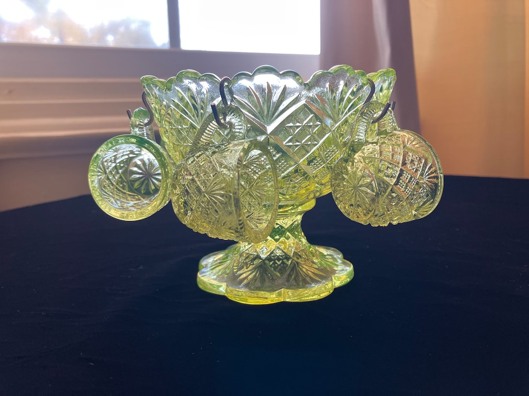 Moser Vaseline Glass Mini Punch Bowl Set With Diamond and Star Pattern ...