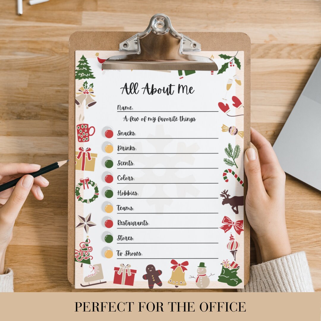 Secret Santa Form, All About Me, Printable Secret Santa Form, Office ...