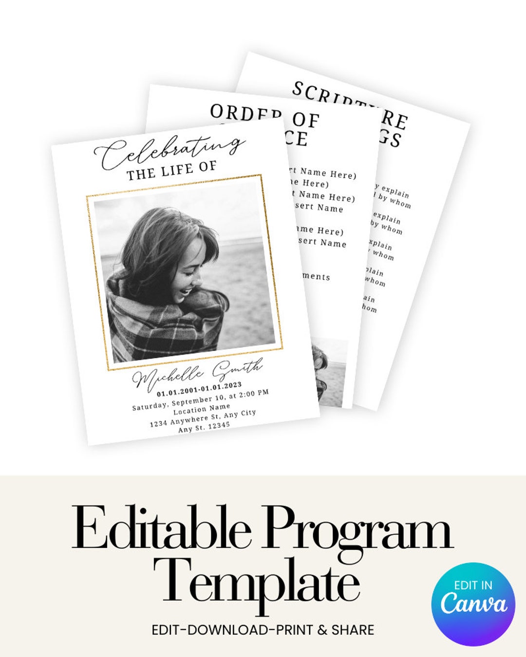 Modern Funeral Program Template, Minimal Funeral Program, Printable ...