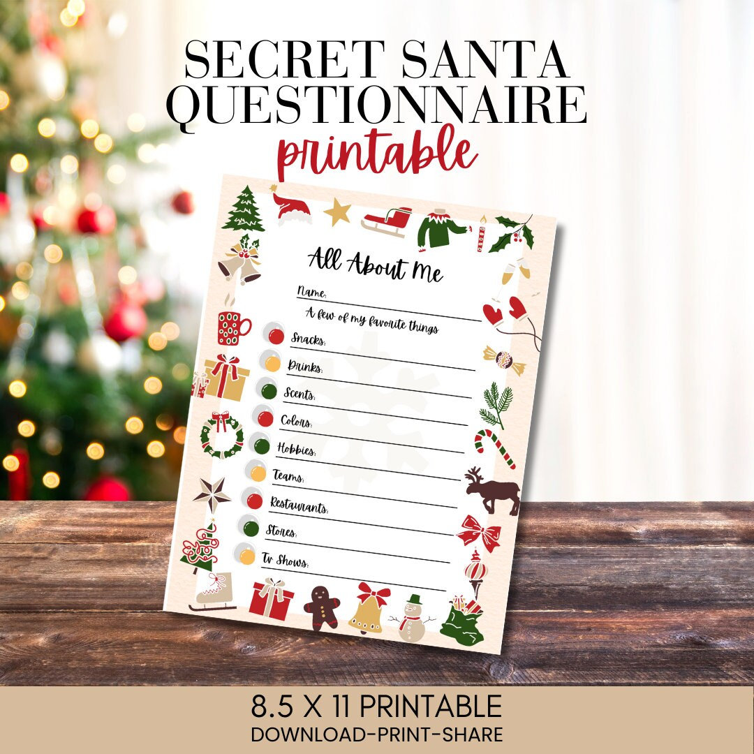 Secret Santa Form, All About Me, Printable Secret Santa Form, Office ...