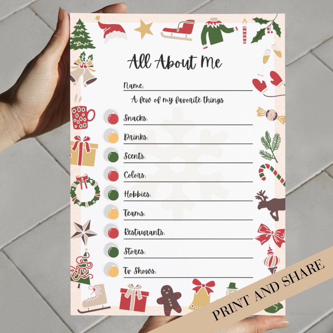 Secret Santa Form, All About Me, Printable Secret Santa Form, Office ...