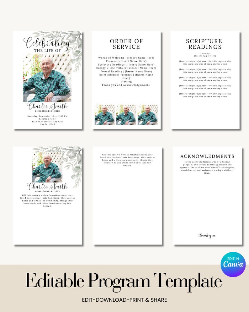 Modern Funeral Program Template, Minimal Funeral Program, Printable ...