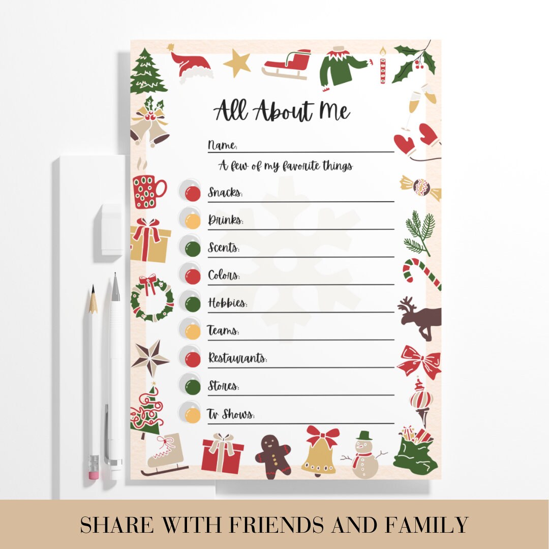 Secret Santa Form, All About Me, Printable Secret Santa Form, Office ...