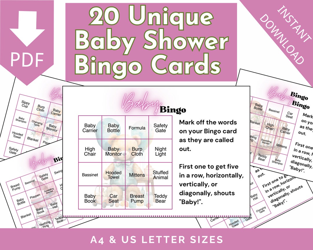 20 Unique Baby Shower Bingo Cards, Baby Shower, Mum to Be, Instant ...