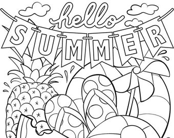 Hello Summer Coloring Pages for Kids , DIY Instant Download, Printable ...