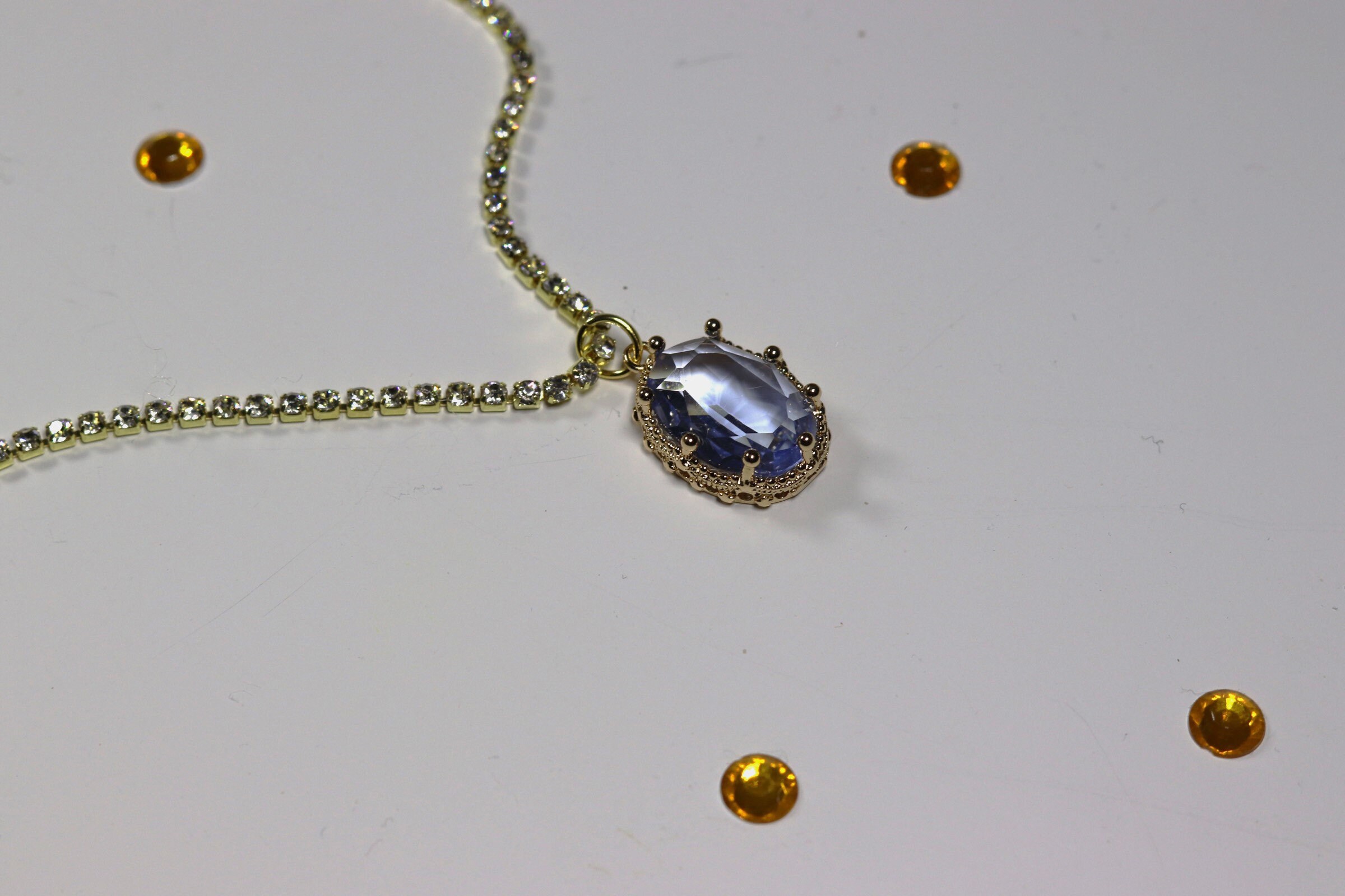 Light Blue Oval Necklace, Light Blue Pendant, Oval Necklace, Rhinestone ...