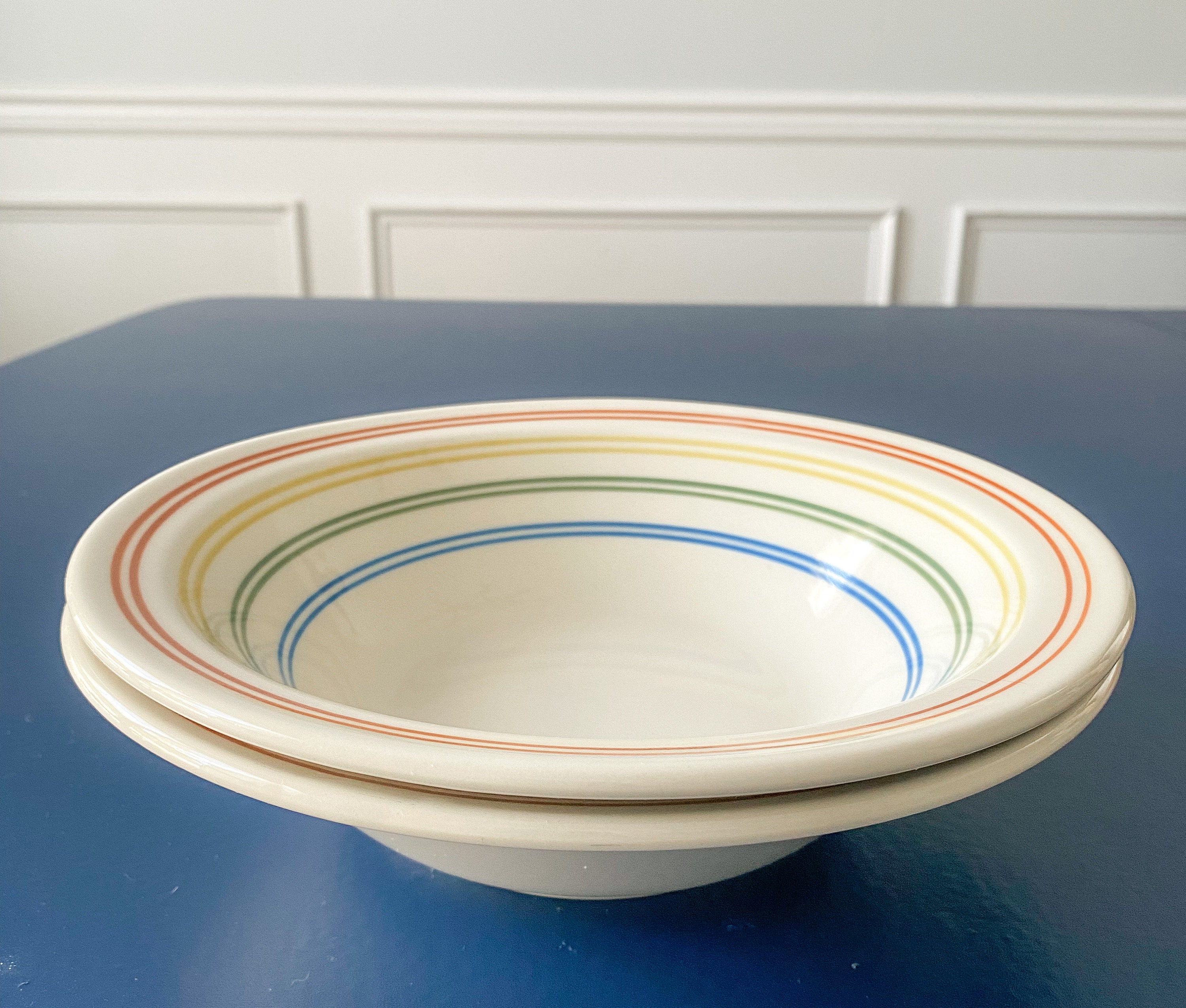 Mount Clements Pottery, Set of 2-8.5” Bowls, Rainbow-striped Rim ...