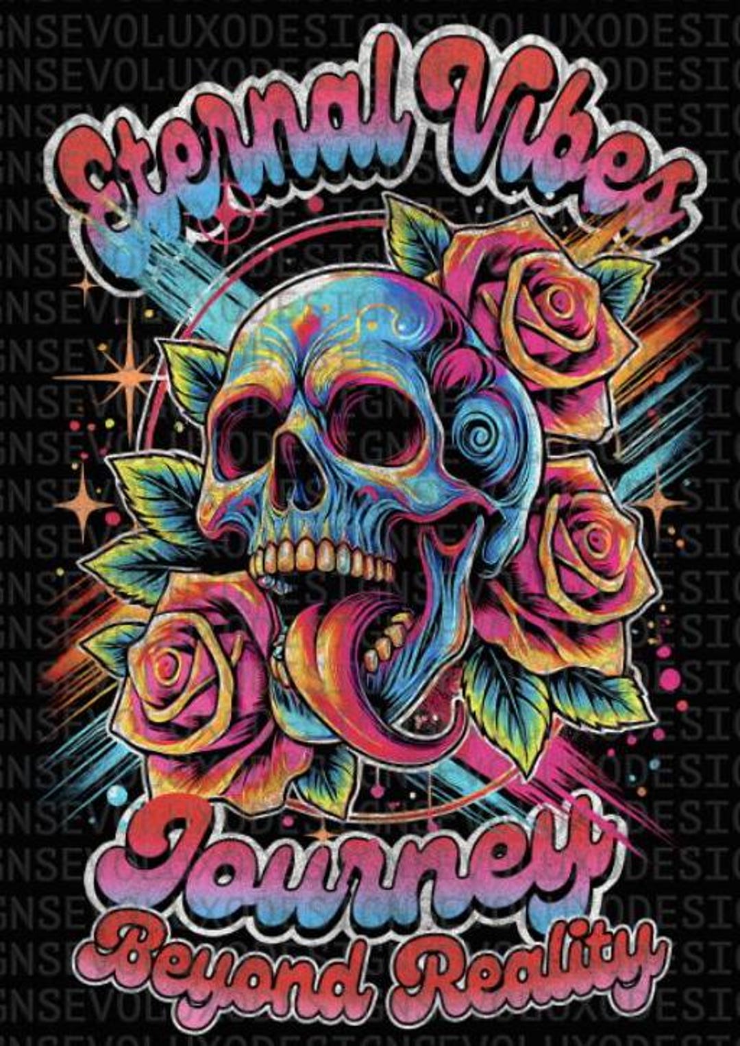 Psychedelic Skull T-shirt Design: Eternal Vibes DTF DTG Print (PNG File ...
