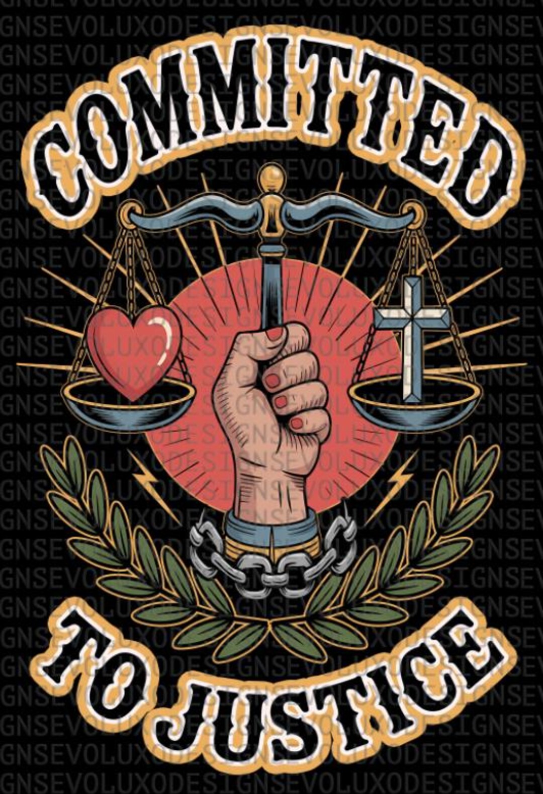 Committed to Justice Christian Tattoo Style Art – Gothic Lettering ...