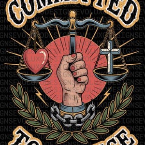 Committed to Justice Christian Tattoo Style Art – Gothic Lettering ...