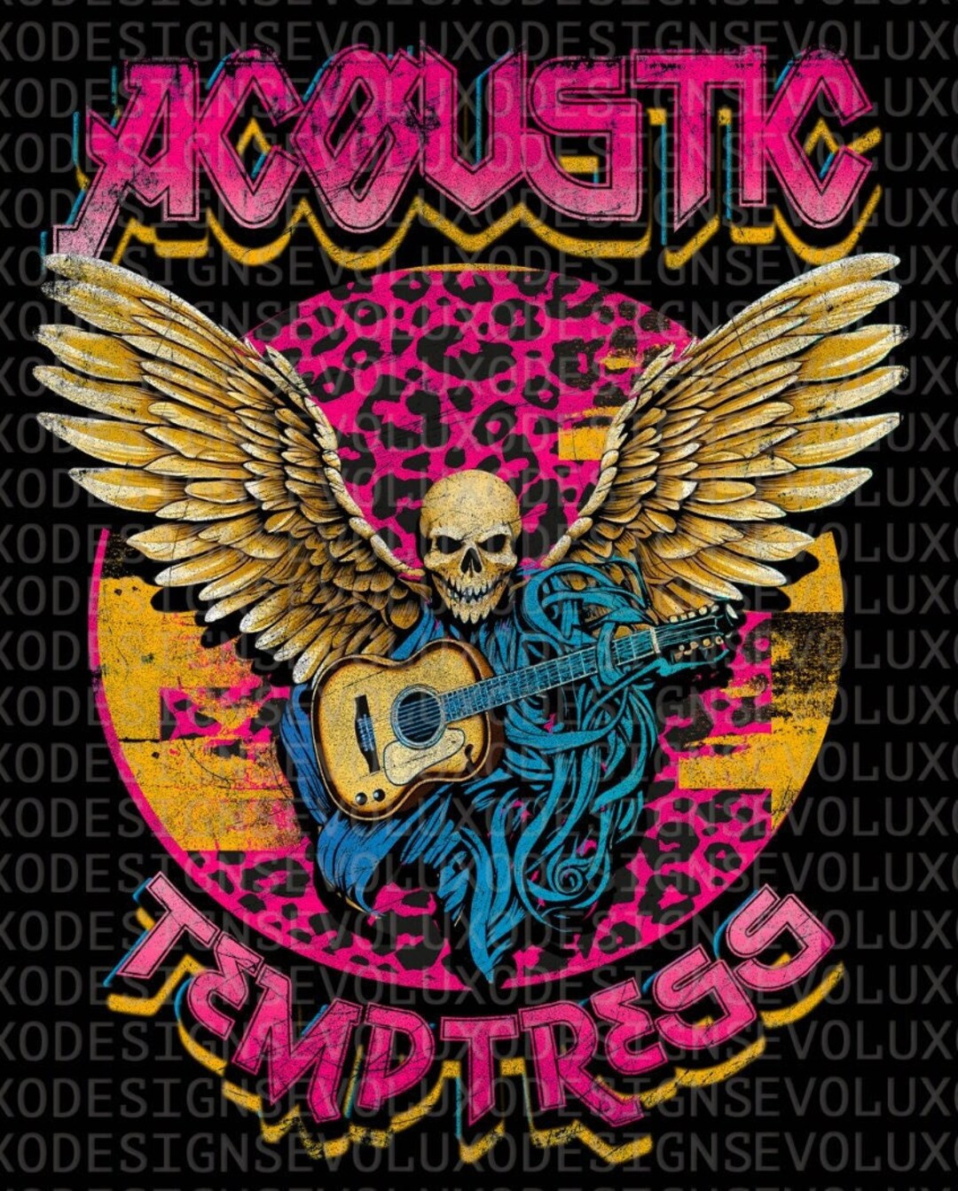 Acoustic Temptress Design Wings Guitar Skull Tee Digital Sublimation ...