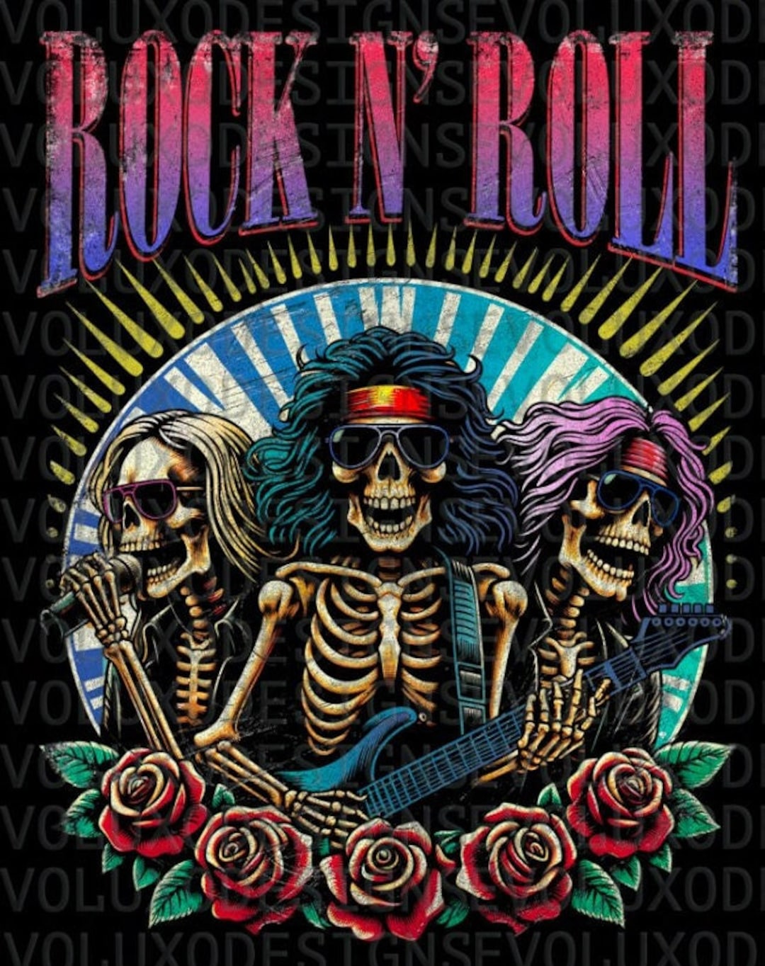 Rock N' Roll Roses Skulls Digital Graphic Sublimation DTF DTG Print PNG ...