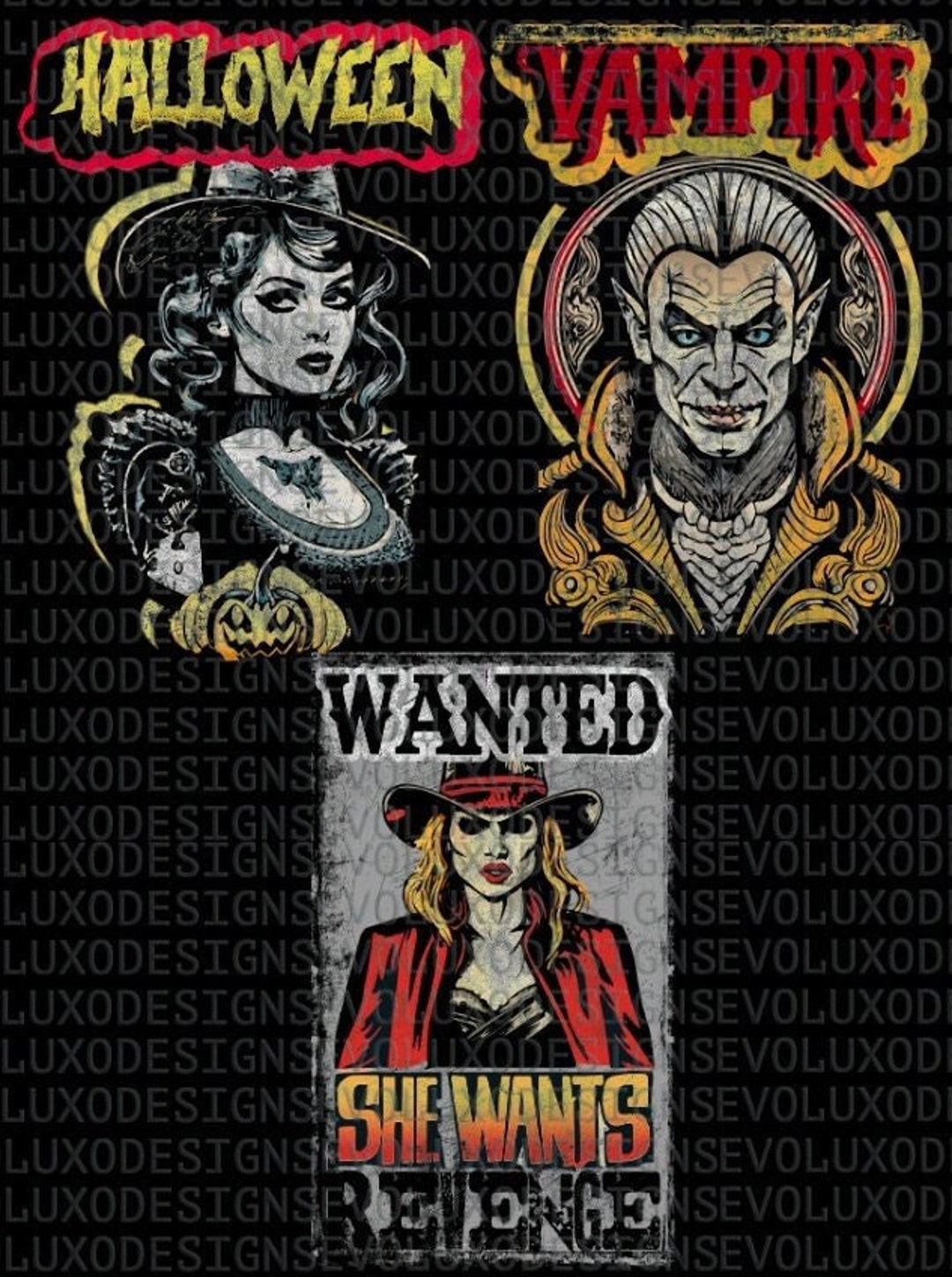 Vampires Combo Halloween Wanted Style Art Print Pack DTF DTG Print PNG ...