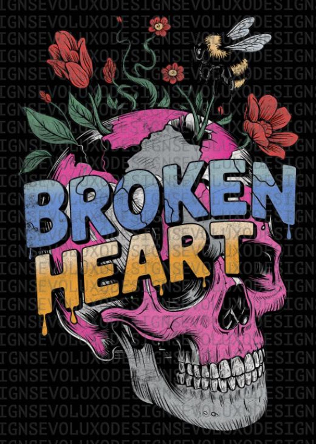 Broken Heart Skull PNG: Roses and Bees Design (digital Download) - Etsy