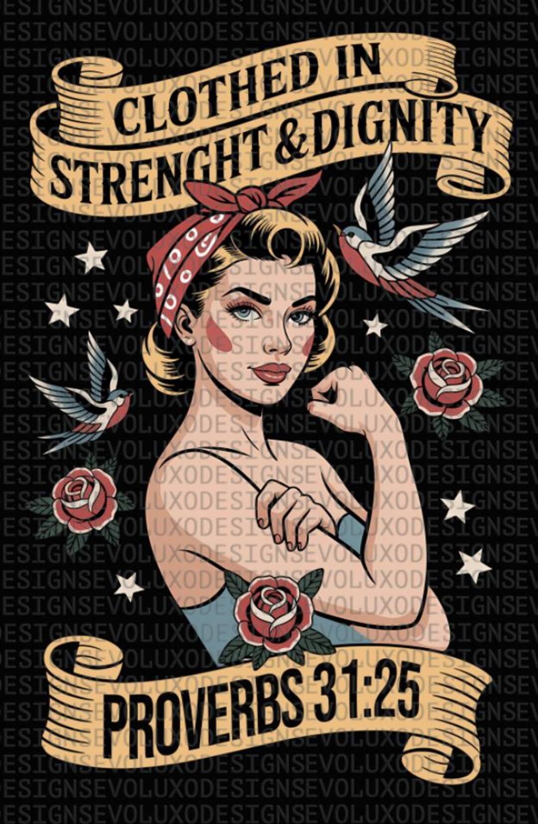 Clothed in Strenght Dignity Tattoo Style Religious Art Catholic ...