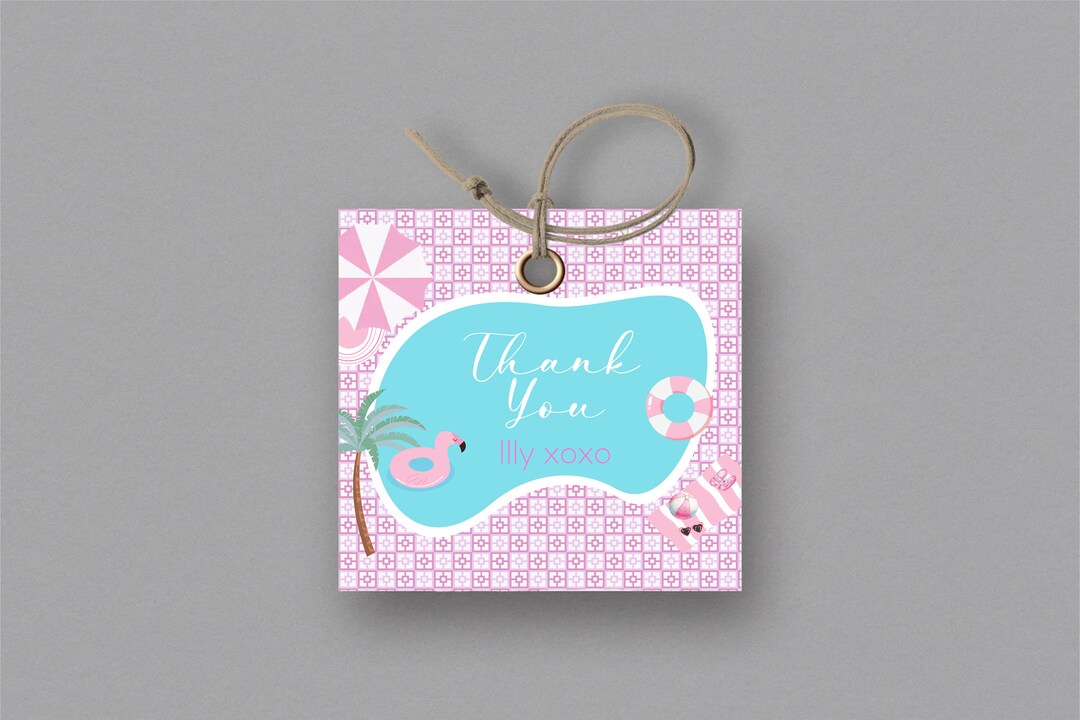 Retro Pool Party Favor Tag Printable, Pink Pool Party, Summer Birthday ...