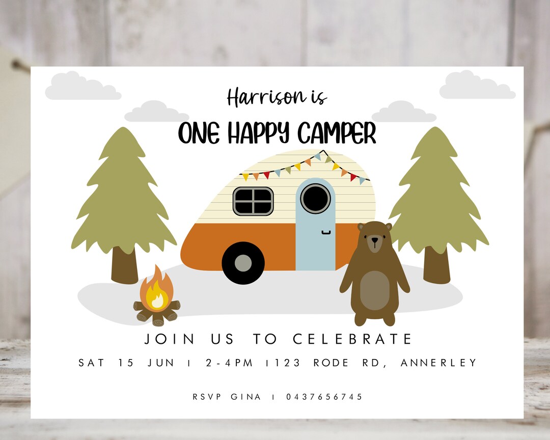 Editable Printable Happy Camper Birthday Invitation, Boy One Happy ...