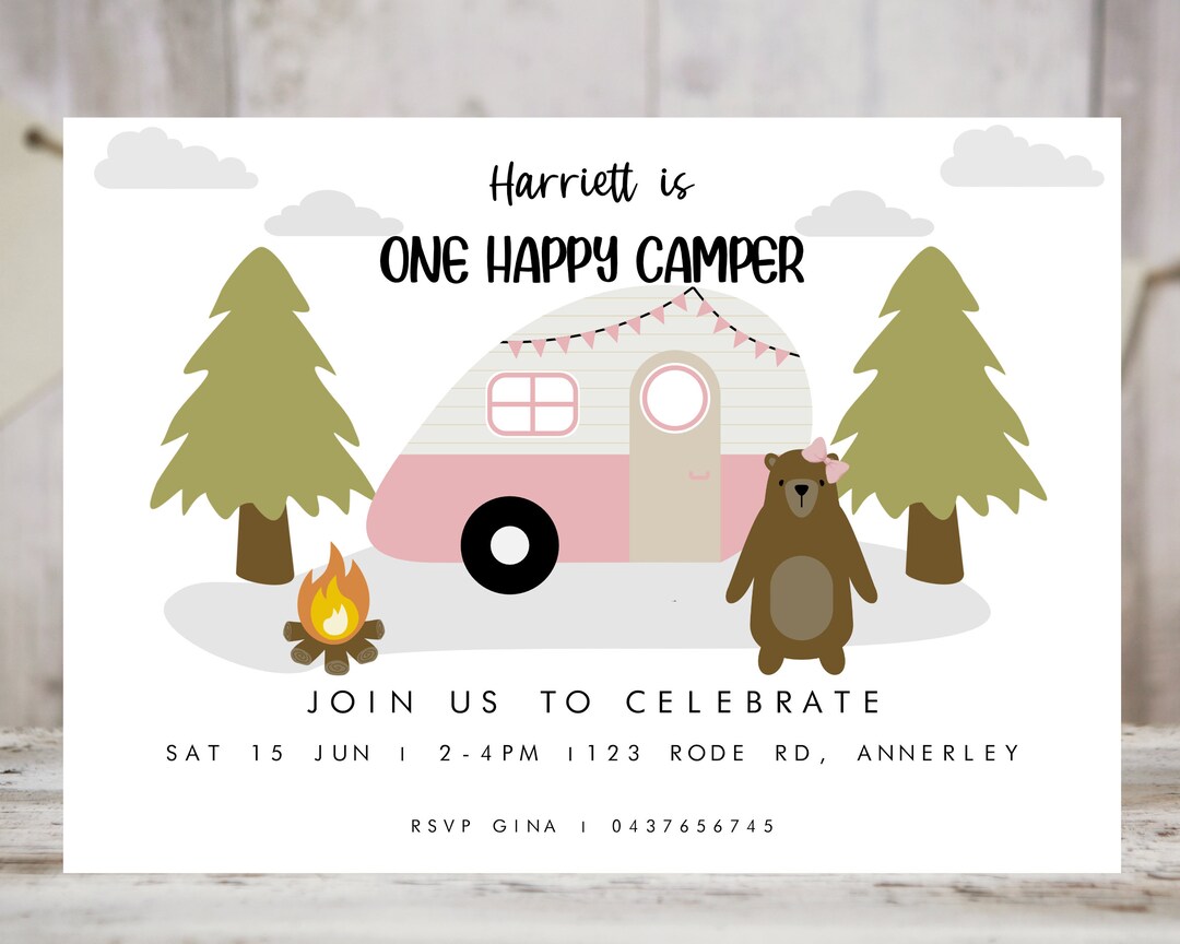Editable Printable Happy Camper Birthday Invitation, Girl One Happy Camper, Girl First Birthday ...