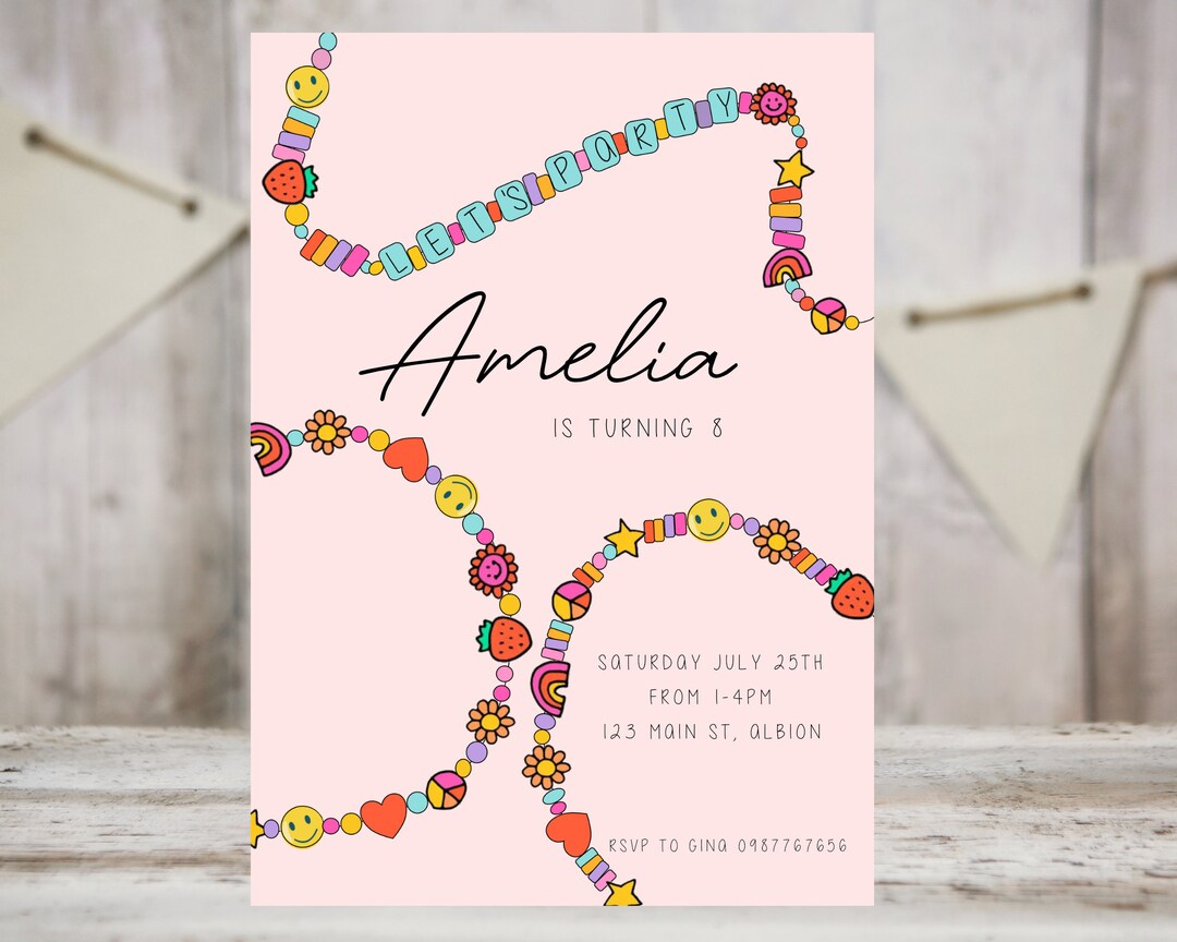 Friendship Bracelet Birthday Party Invitation, Bead Bracelet, Eras ...