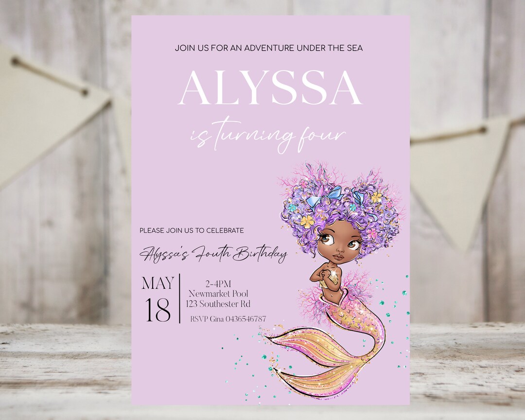 Mermaid Invitation, Dark Skin Mermaid Mermaid Birthday Party Invite ...