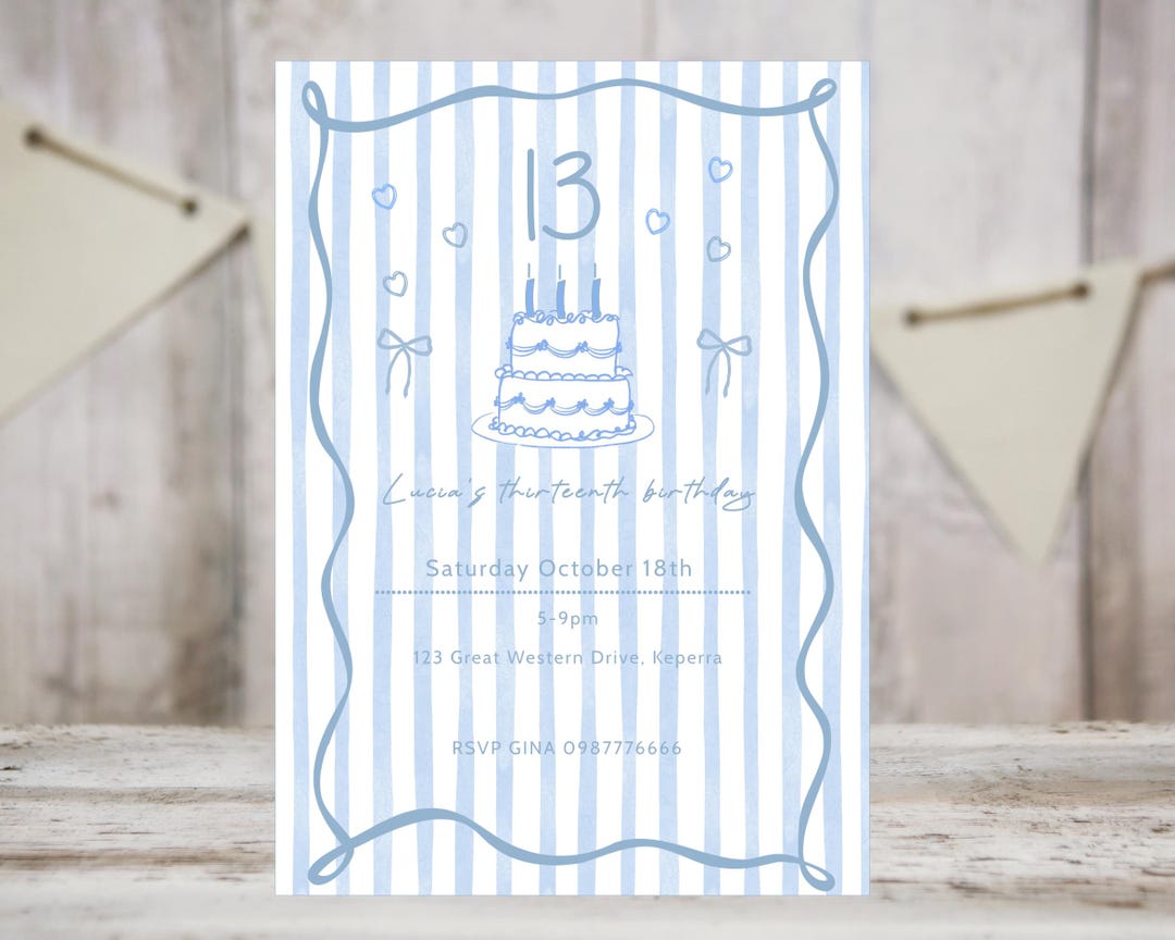Preppy Bow Birthday Invitation Printable, Teen Editable Handdrawn, 13th ...