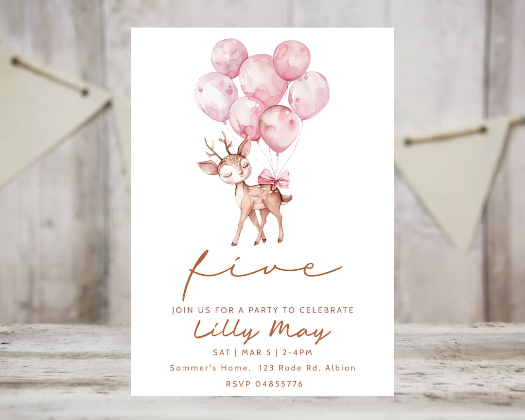 Woodland Deer Birthday Invitation Template, Printable Invite, Pink Fawn ...