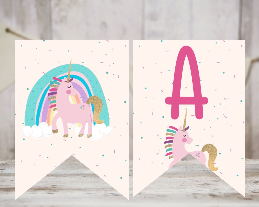 Unicorn Birthday Banner, Printable Unicorn and Rainbow, Modern Unicorn ...