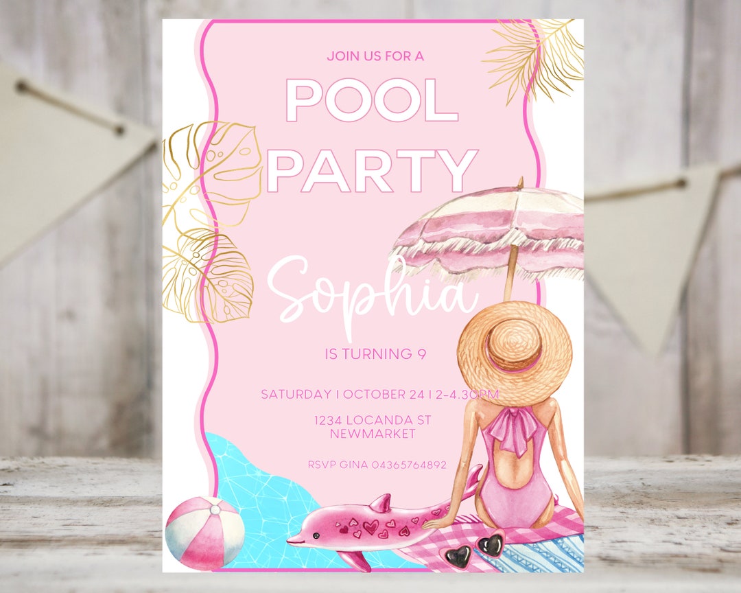 Pool Party Invitation Printable, Pink Pool Party, Summer Birthday Party ...