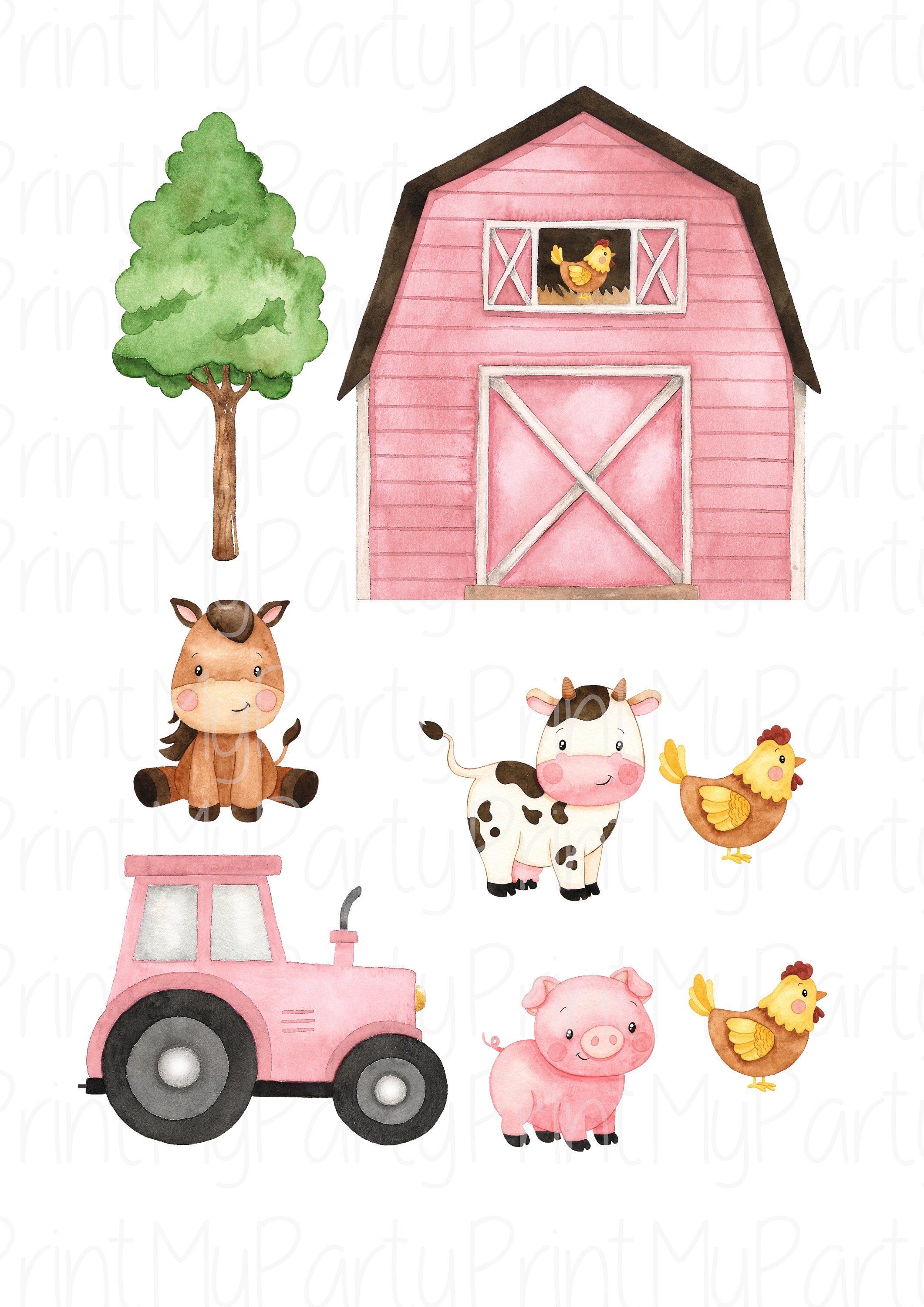 Pink Farm Cake Topper, Pink Farm Birthday Party, Printable Barnyard ...