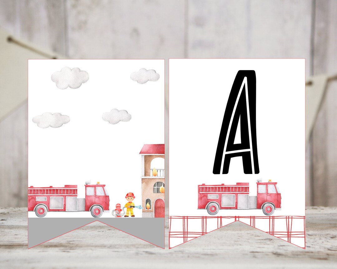 Fireman Birthday Banner, Modern Fire Truck Bunting, Editable Flag ...