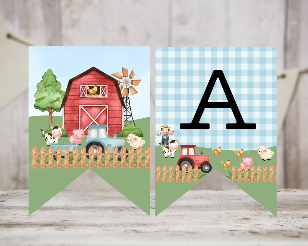 Farm Birthday Banner, Watercolor Farm Bunting, Tractor, Farm Animals ...